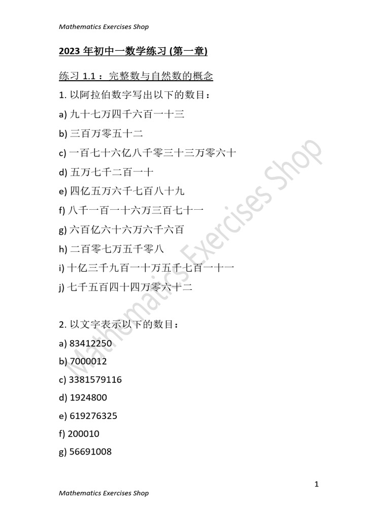 Junior Year 1 Chapter 1 Exercises | PDF