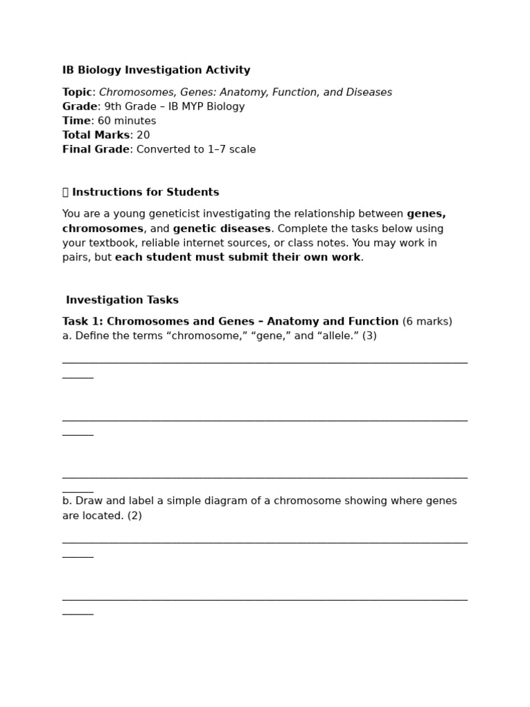 IB Biology Investigation Activity on Chromosomes, Genes | PDF | Gene ...