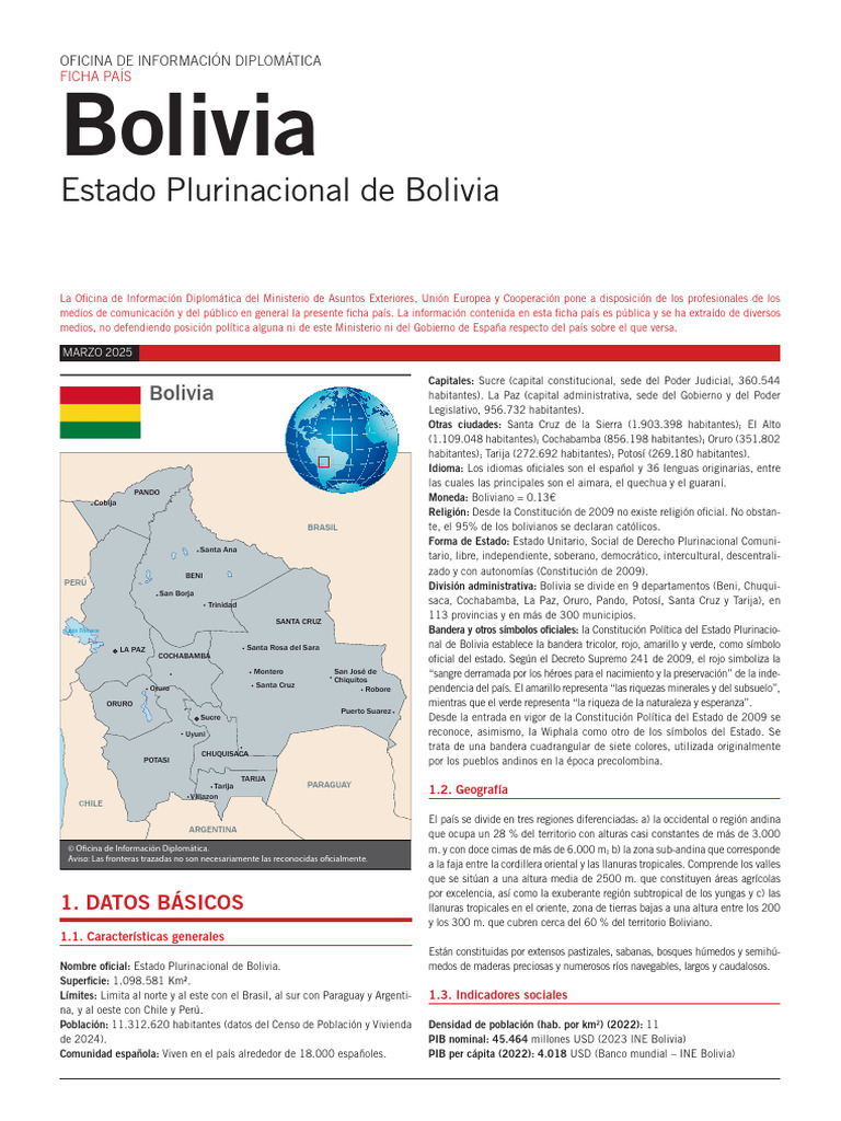 Ficha País: Bolivia 2025 | PDF | Bolivia | Gobierno