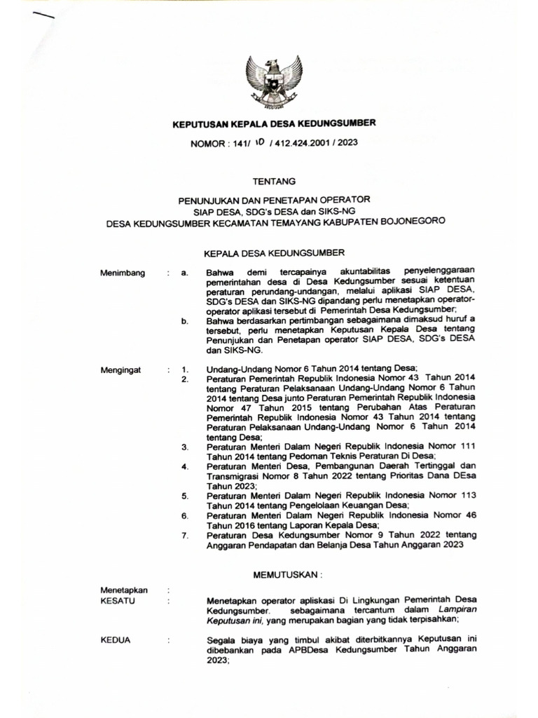 SK No 10 Tahun 2023 Operator Siap Desa DLL 1 | PDF