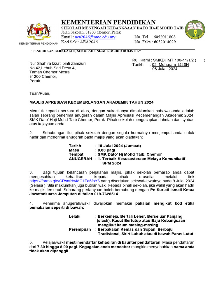 Surat Jemputan SPM-syahira Izati | PDF