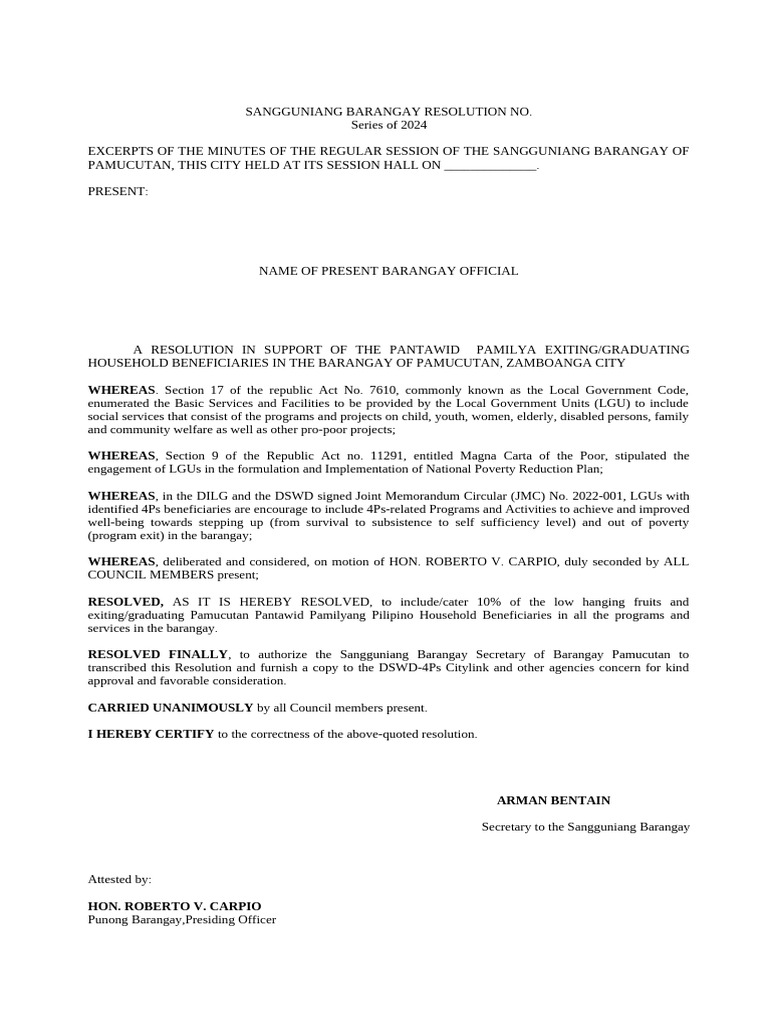 SANGGUNIANG BARANGAY RESOLUTION A | PDF