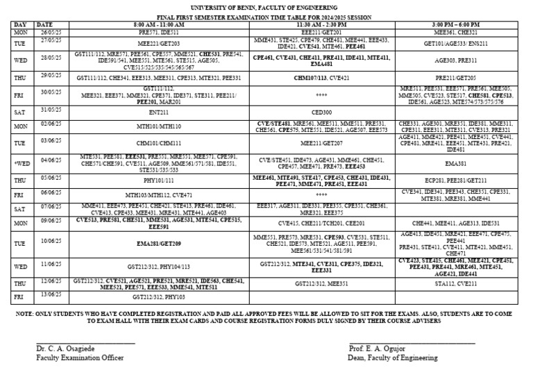 2024 - 2025 Final First Semestser EXAM Timetable | PDF | Educational Stages | Higher Education