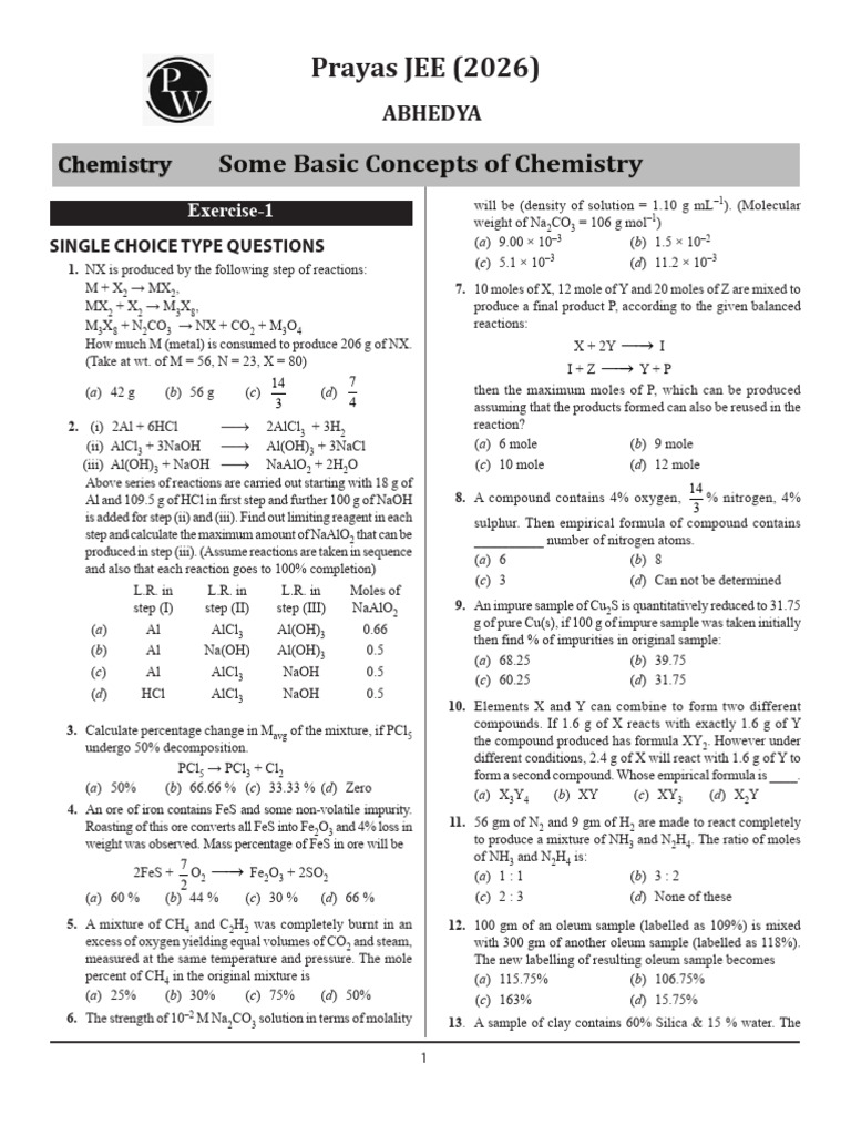 Some Basic Concepts of Chemistry - Standard Practice Sheet (JEE ...