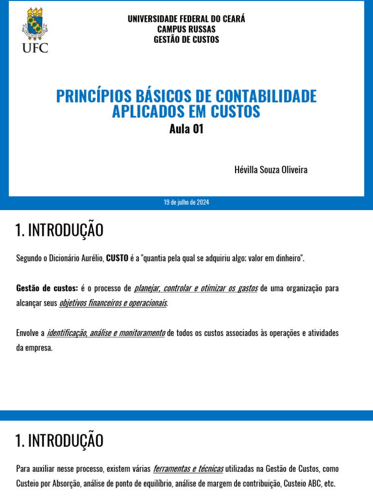Aula 01 - Princípios Básicos de Contabilidade | PDF | Contabilidade | Custo