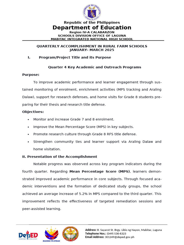MAABITAC INHS - RFS - YEAR END Accomplishment Report 2025 | PDF | Learning