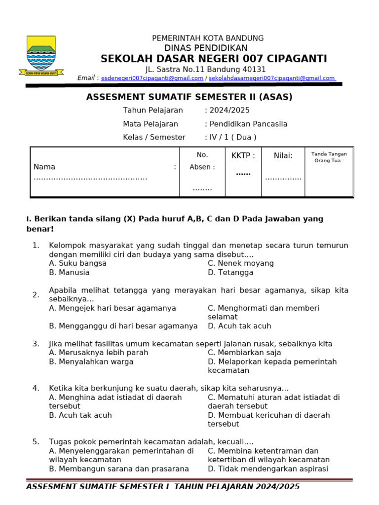 Assessment Pendidikan Pancasila Kelas IV | PDF