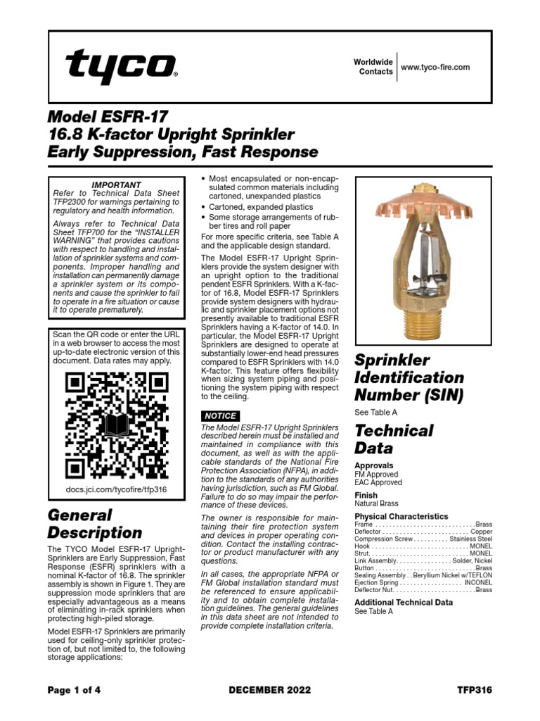 Rociador Tyco Upright Esfr 17 | PDF | Fire Sprinkler System | Fire ...