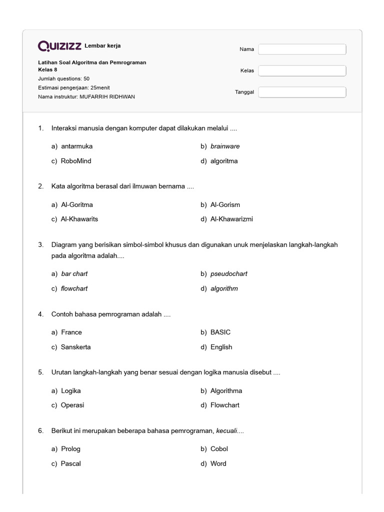 Latihan Soal Algoritma Dan Pemrograman Kelas 8 - Quizizz | PDF