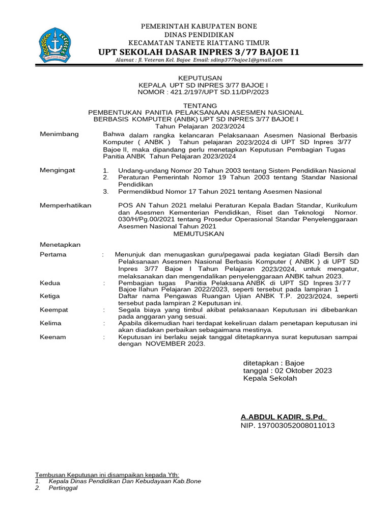 SK Panitia Anbk 2023 SD Inp 377 Bajoe 1 | PDF