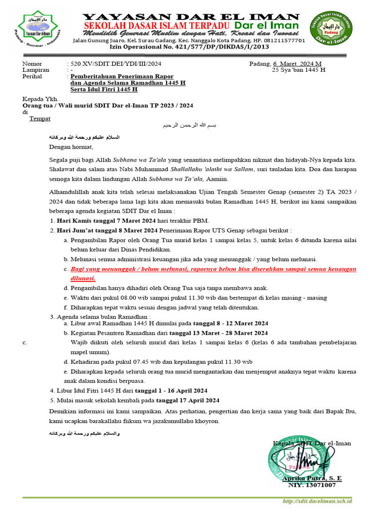 757 Surat PEMBERITAHUAN PENERIMAAN RAPOR UTS 2 - LIBUR RAMADHAN - IDUL ...