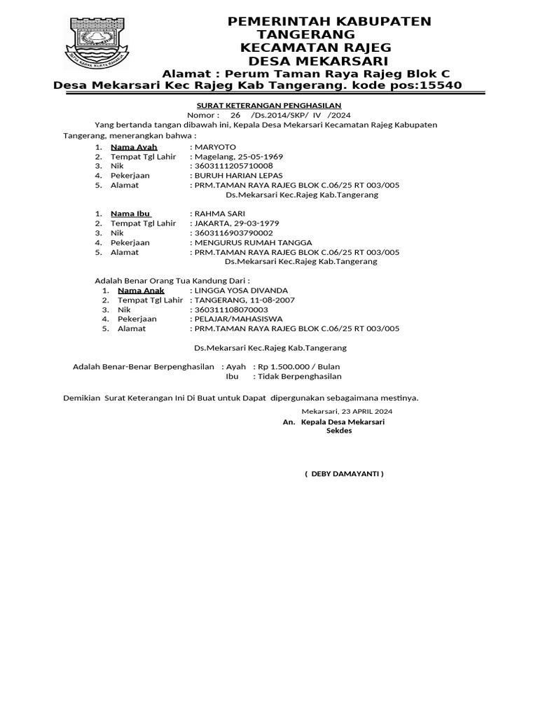 Keterangan Penghasilan New Lingga | PDF