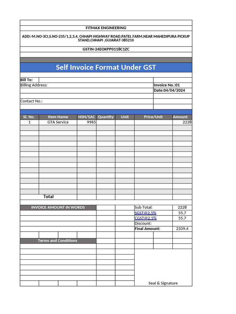 Self Invoice Format Excel 1 | PDF