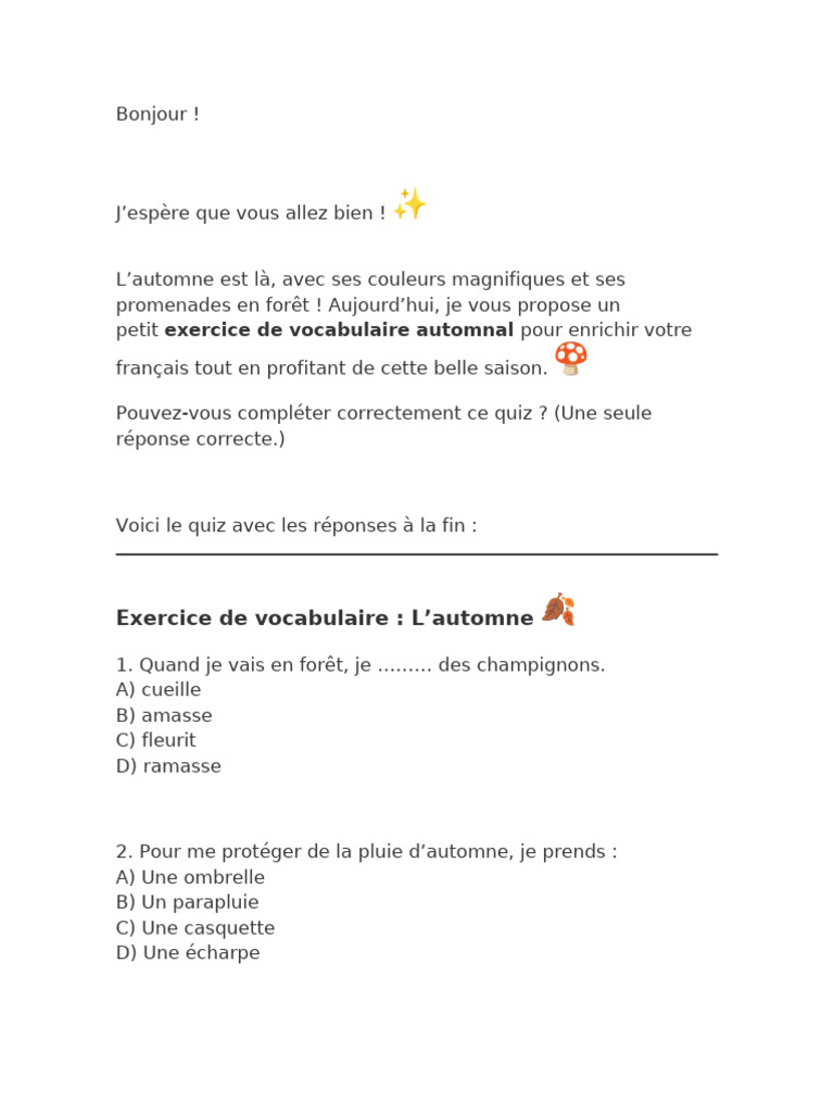 Quiz de vocabulaire sur l'automne | PDF