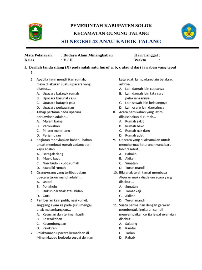 soal bam semester 2 kelas 5 | PDF