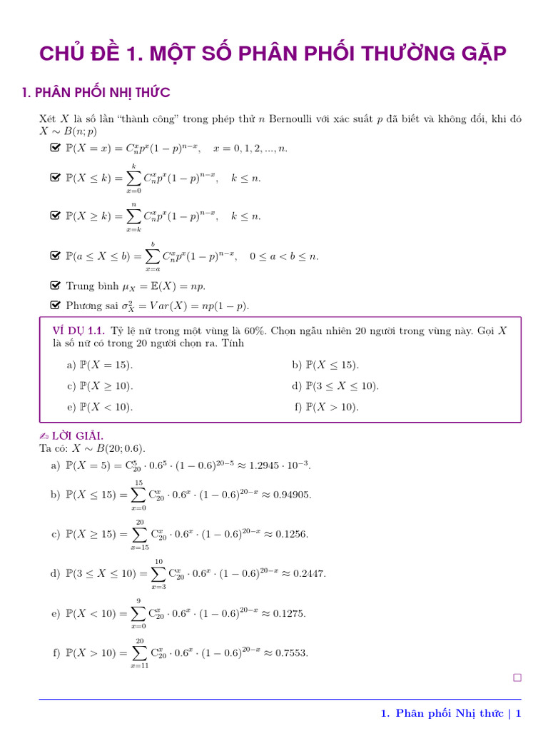 Xac-Suat-Thong-Ke - Chu-De-1.-Mot-So-Phan-Phoi-Thuong-Gap - (Cuuduongthancong - Com) | PDF