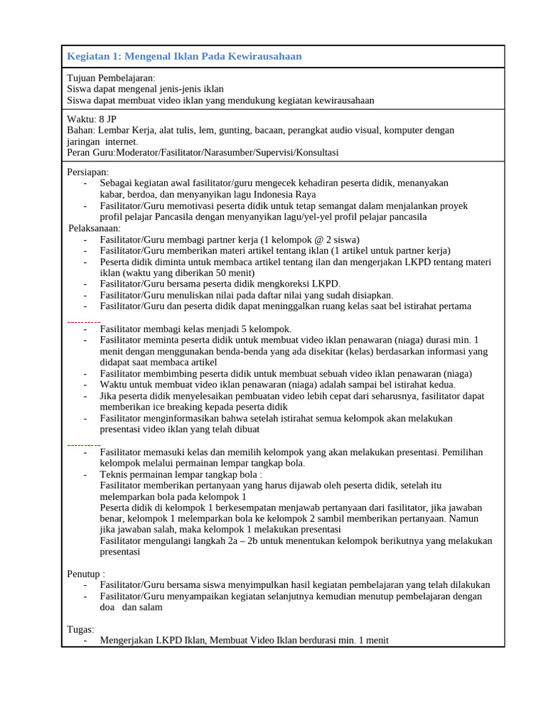 Format Kegiatan Harian Untuk Modul Tema 1 (MATERI IKLAN) | PDF