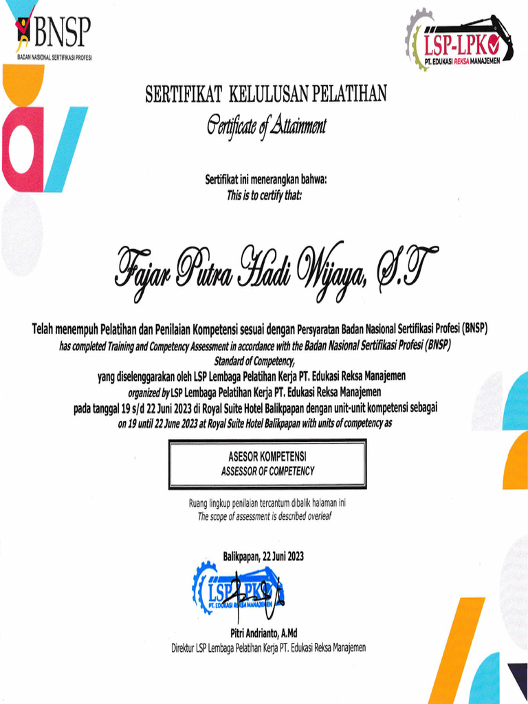 Sertifikat Pelatihan Fajar Putra | PDF