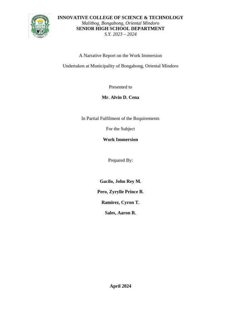 A Narrative Report On Work Immersion | PDF | Learning | Intellectual ...