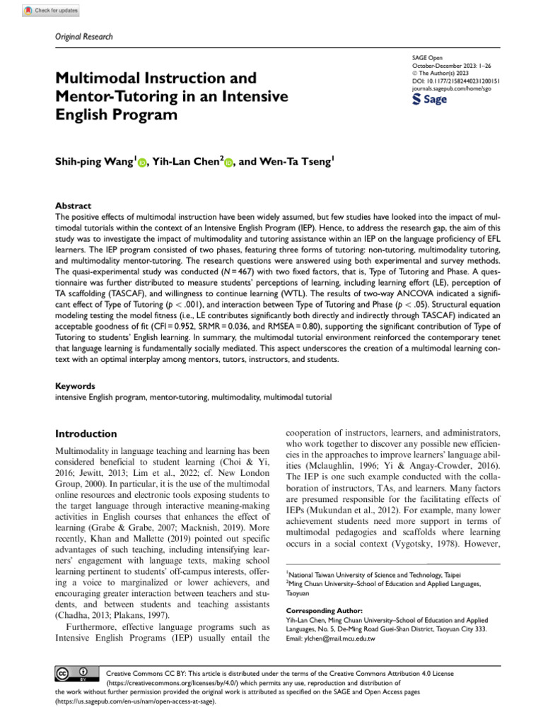 Wang Et Al 2023 Multimodal Instruction and Mentor Tutoring in An Intensive English Program | PDF ...