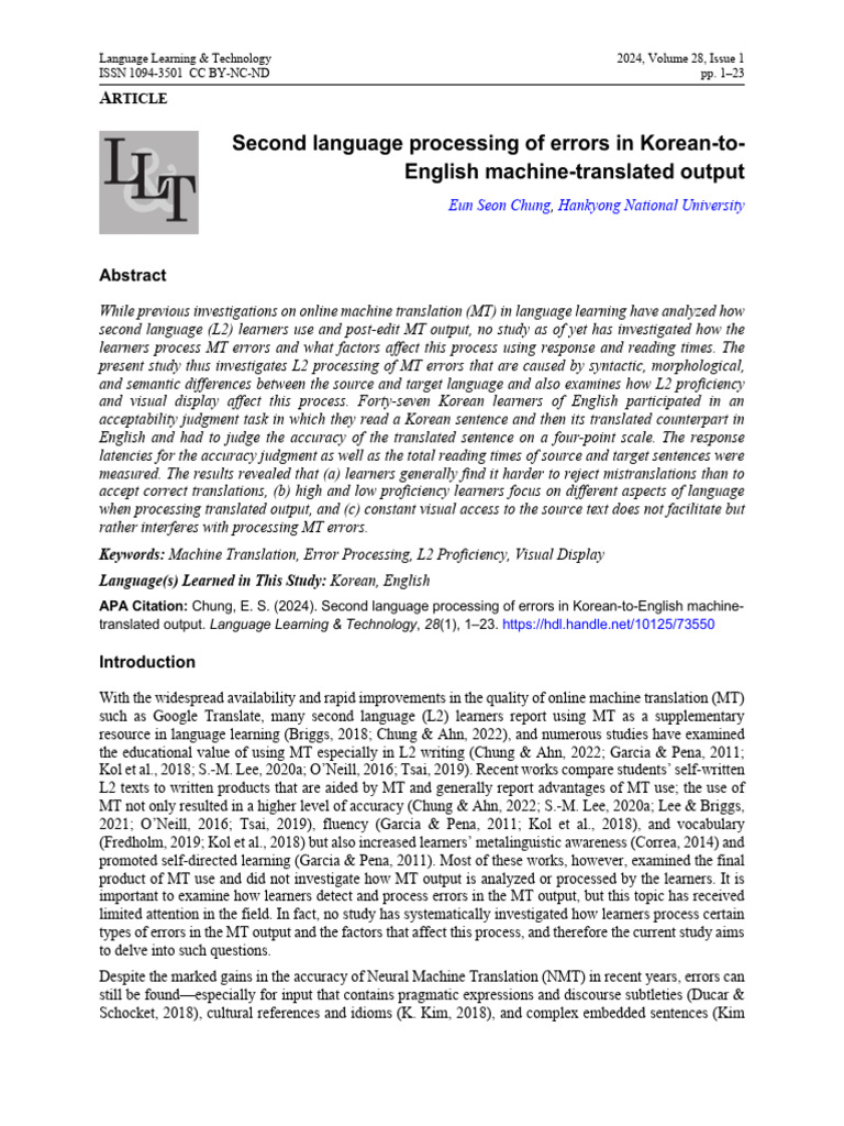 Chung 2024 Second Language Processing of Errors in Korean | PDF | Second Language | Translations
