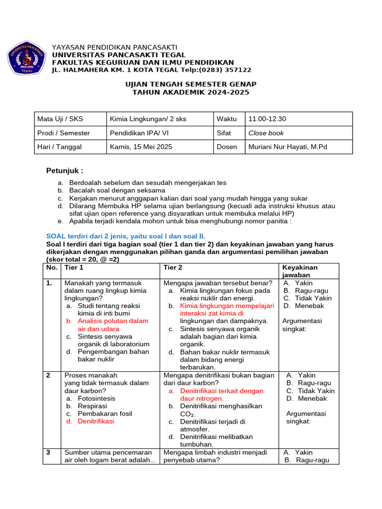 Soal UTS Kimia Lingkungan Genap 24 - 25 | PDF