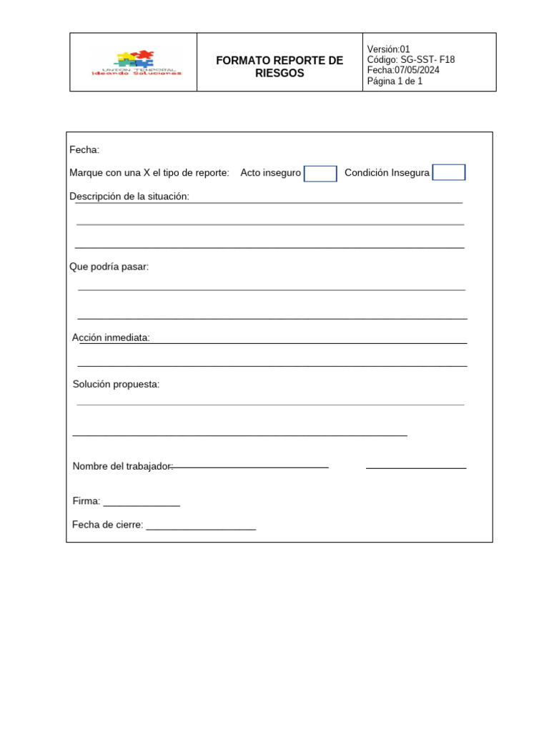 SG-SST-F18 Formato Reporte de Riesgo | PDF