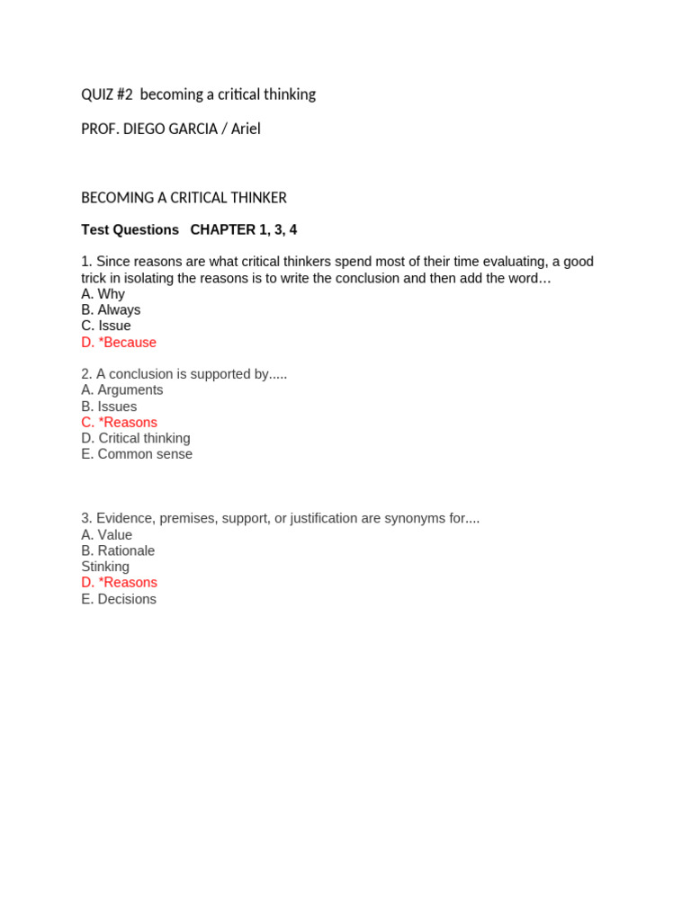 Becoming A Critical Thinker Quiz 3 | PDF | Deductive Reasoning | Argument