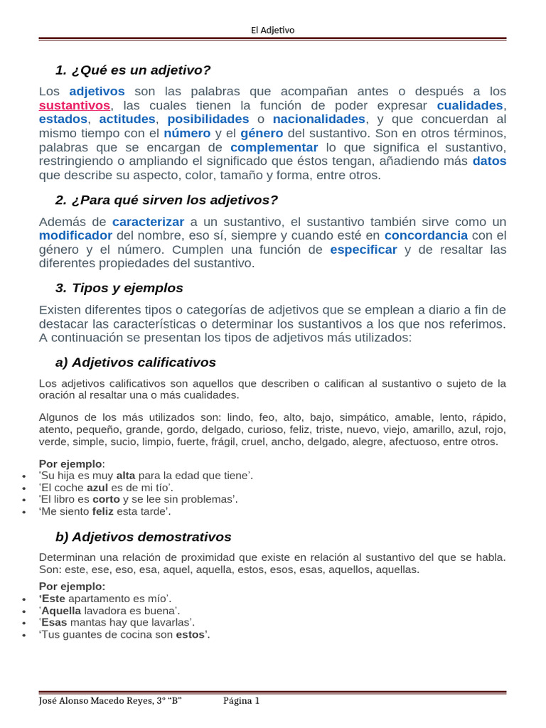 Funciones y tipos de adjetivos | PDF | Adjetivo | Tipología Lingüística