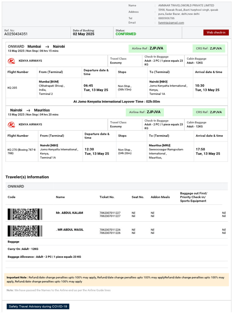Abdul Kalam Wasil Bommru 13 May Ticket - 2504343511 | PDF | Aviation | Transport