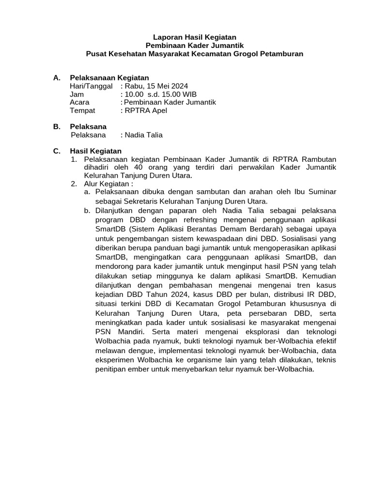 Pembinaan Kader Jumantik Mei 2024 Tdu | PDF