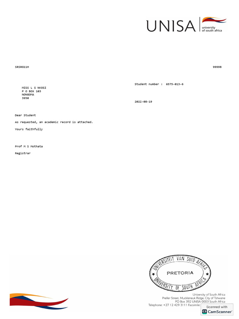 Unisa Student 65750136 Academic Record | PDF | Higher Education ...