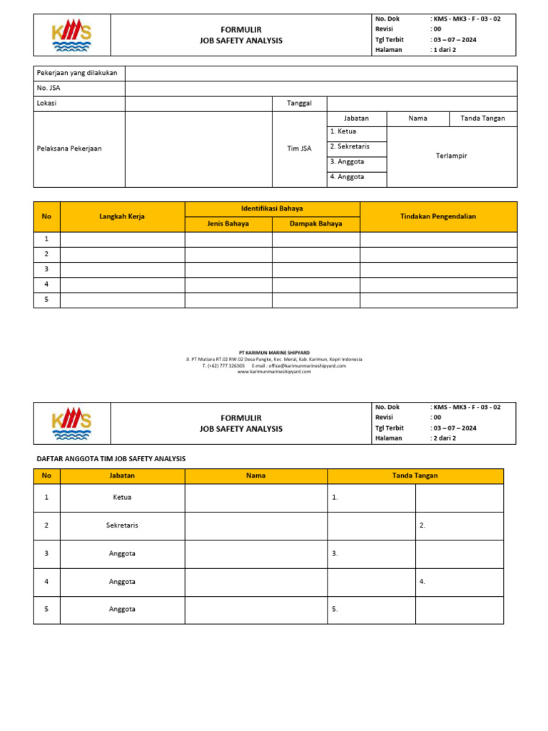 KMS-MK3-F-03-02 Formulir JSA | PDF