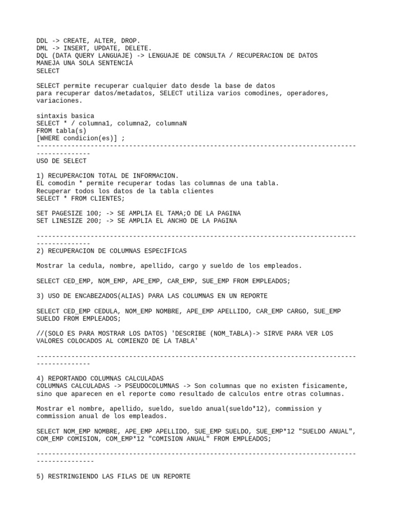 DDL - Create, Alter, Drop. | PDF | Gestión de tecnología de la información | Informática