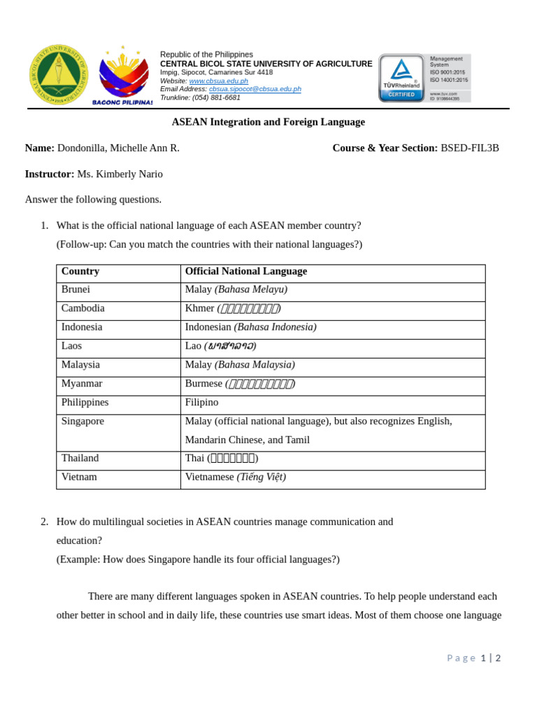 ASEAN Official Languages Overview | PDF | Indonesian Language | Thailand