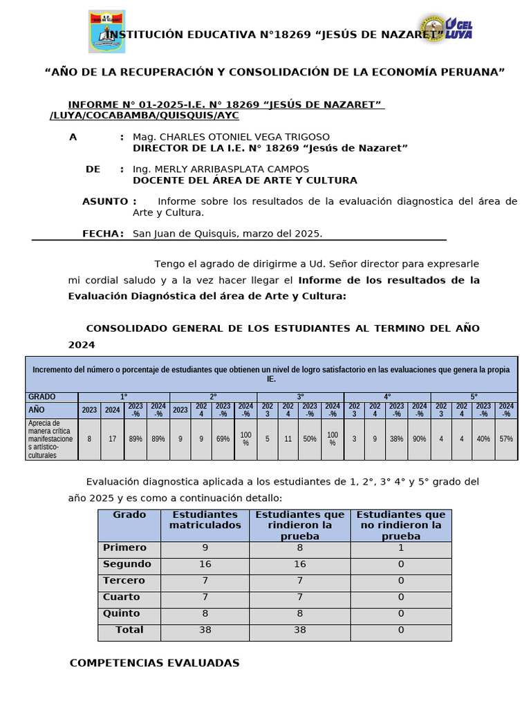 Informe De Evaluacion Diagnostica 2025 Arte Y Cultura Pdf 2492