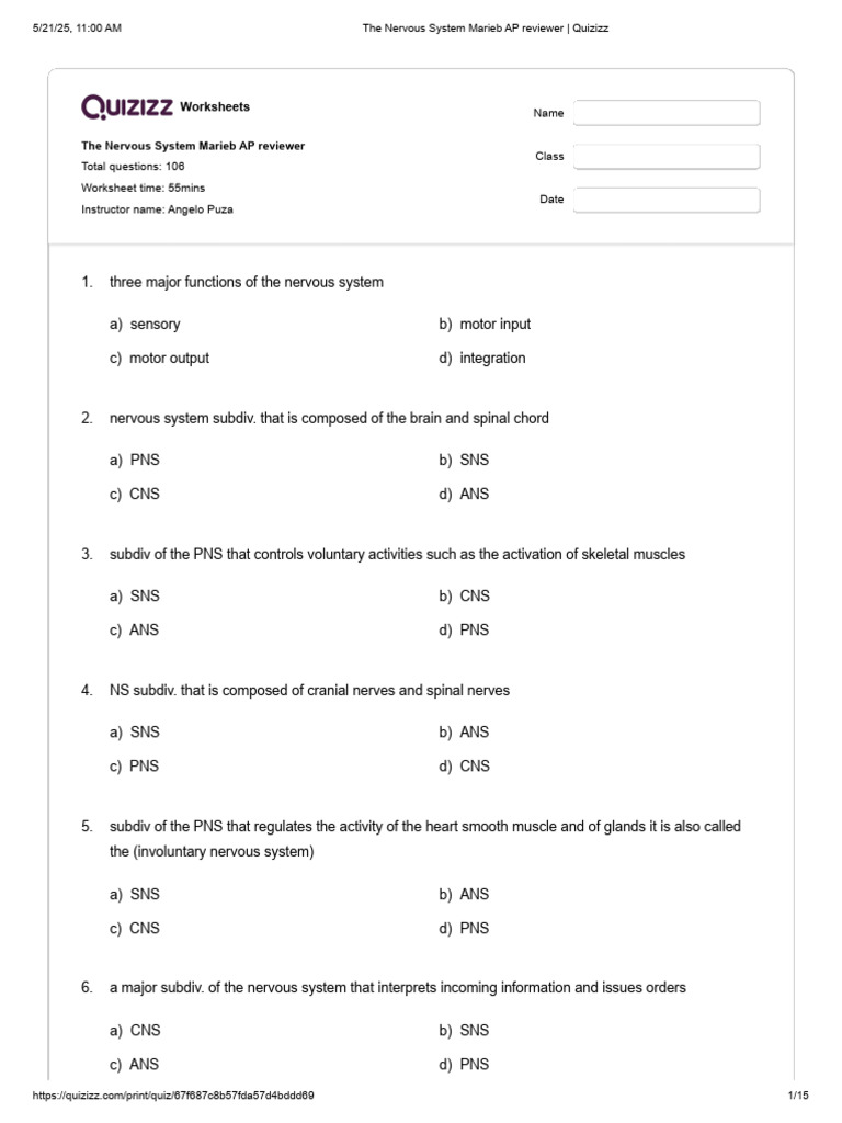 Nervous System AP Review Worksheets | PDF | Action Potential | Neuron
