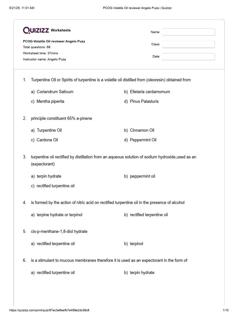Volatile Oils Quiz Worksheet | PDF