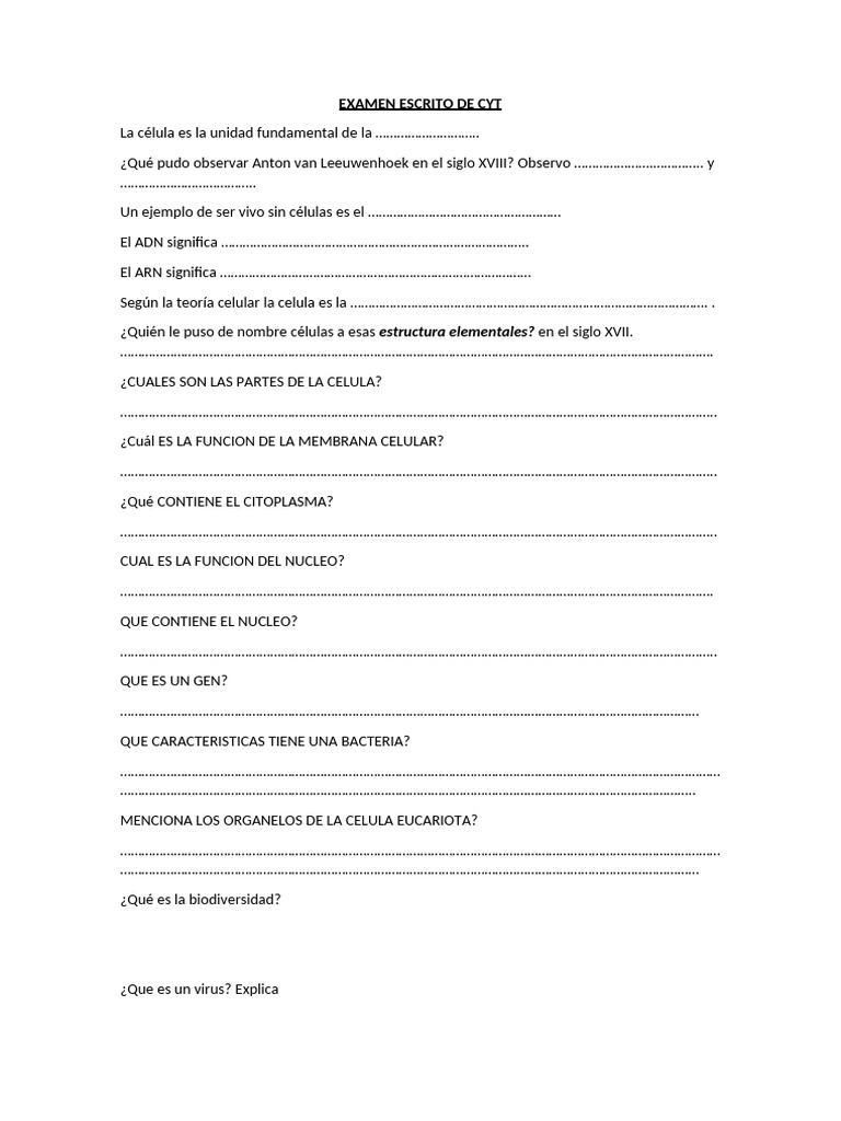 Examen sobre la Célula y Teoría Celular | PDF | Biología Celular ...