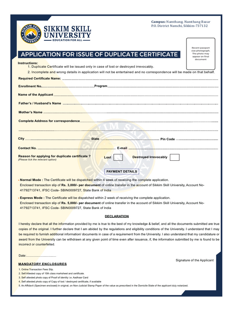Application For Issue of Duplicate Certificate | PDF | Identity Document | Government And Personhood