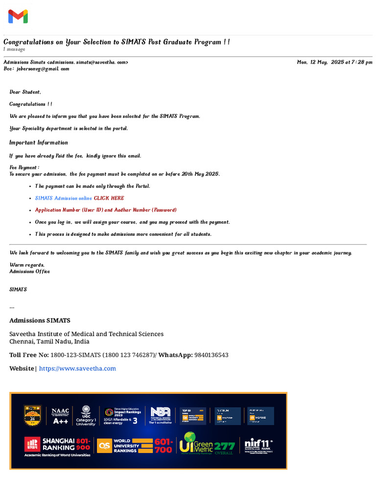 Gmail - Congratulations On Your Selection To SIMATS Post Graduate ...