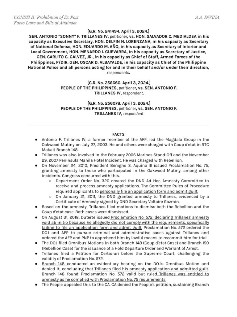 Trillanes' Amnesty and Constitutional Rights | PDF | Ex Post Facto Law ...