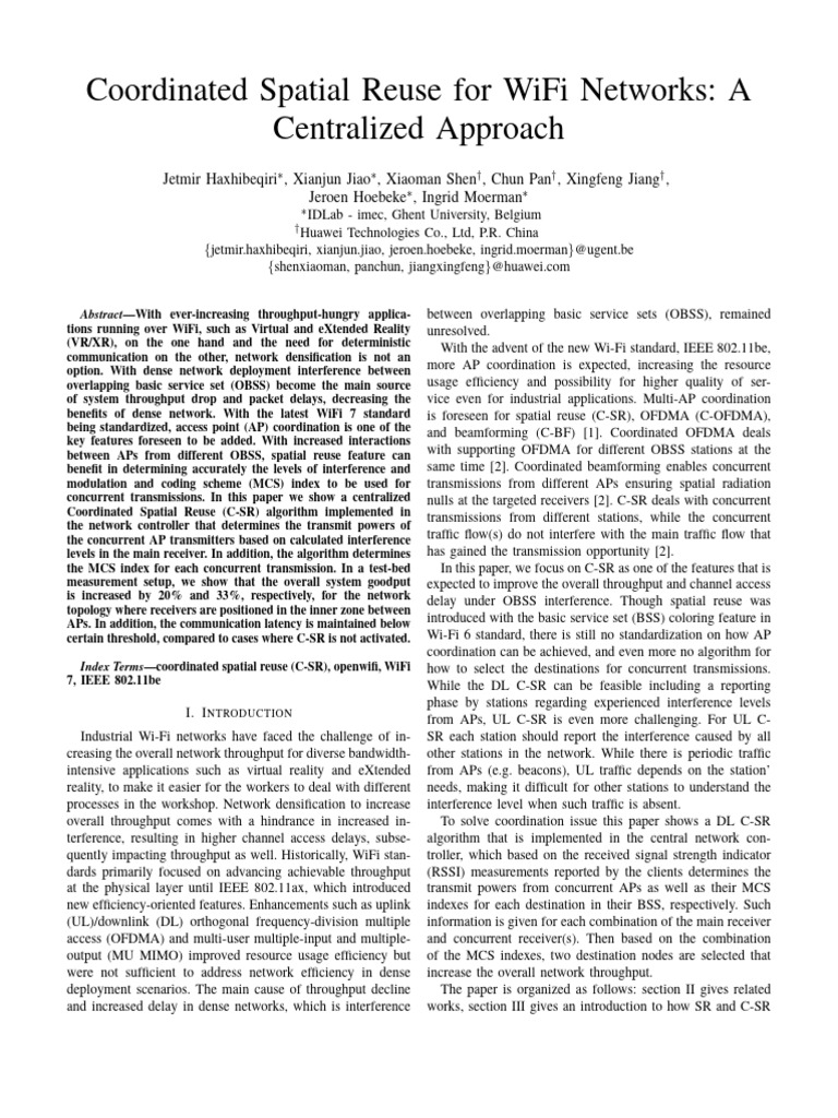 Coordinated Spatial Reuse for WiFi Networks | PDF | Wi Fi | Computer Network