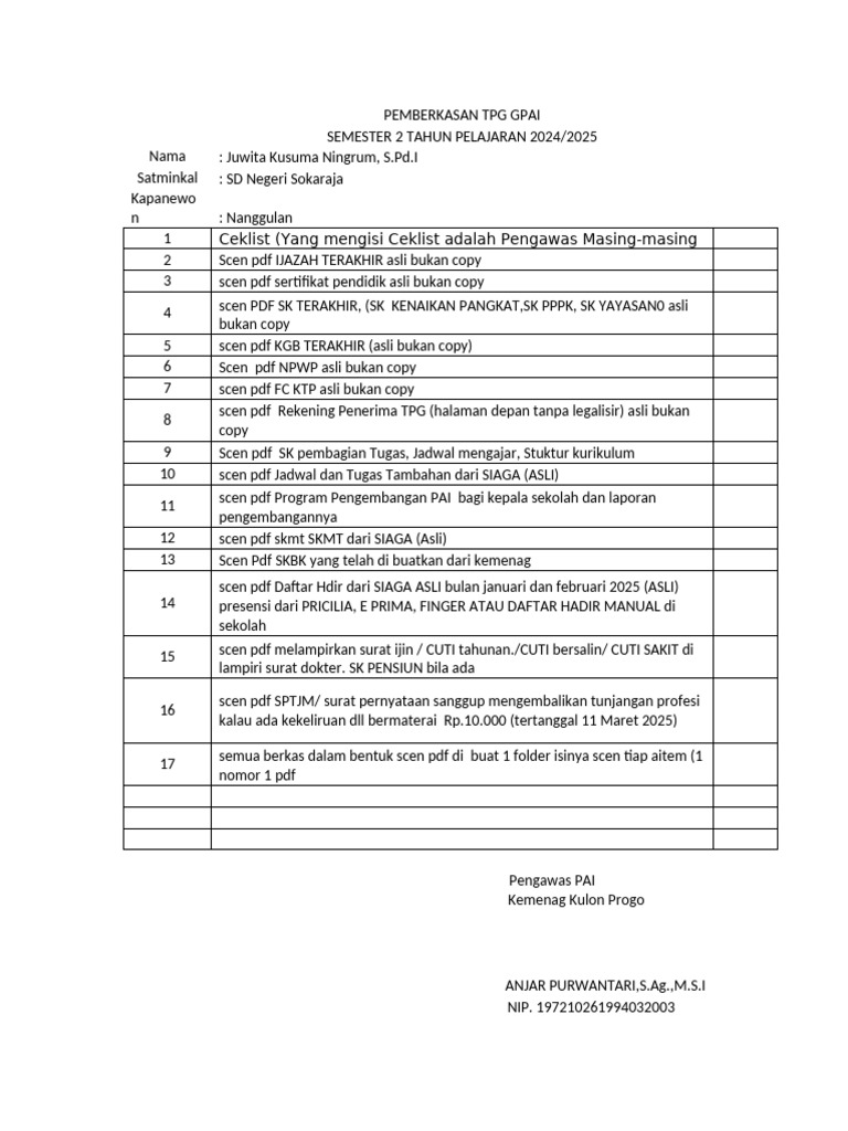 Ceklis Berkas TPG Gpai 2025 | PDF