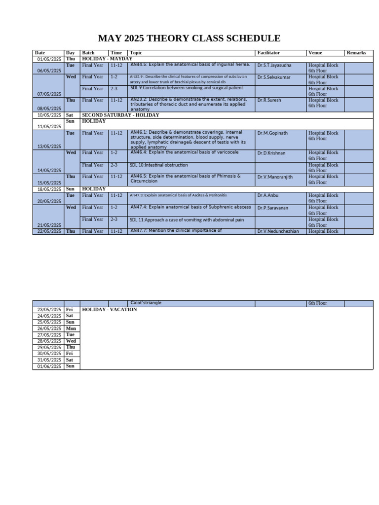 May 2025 THEORY CLASS SCHEDULE | PDF | Medical Specialties