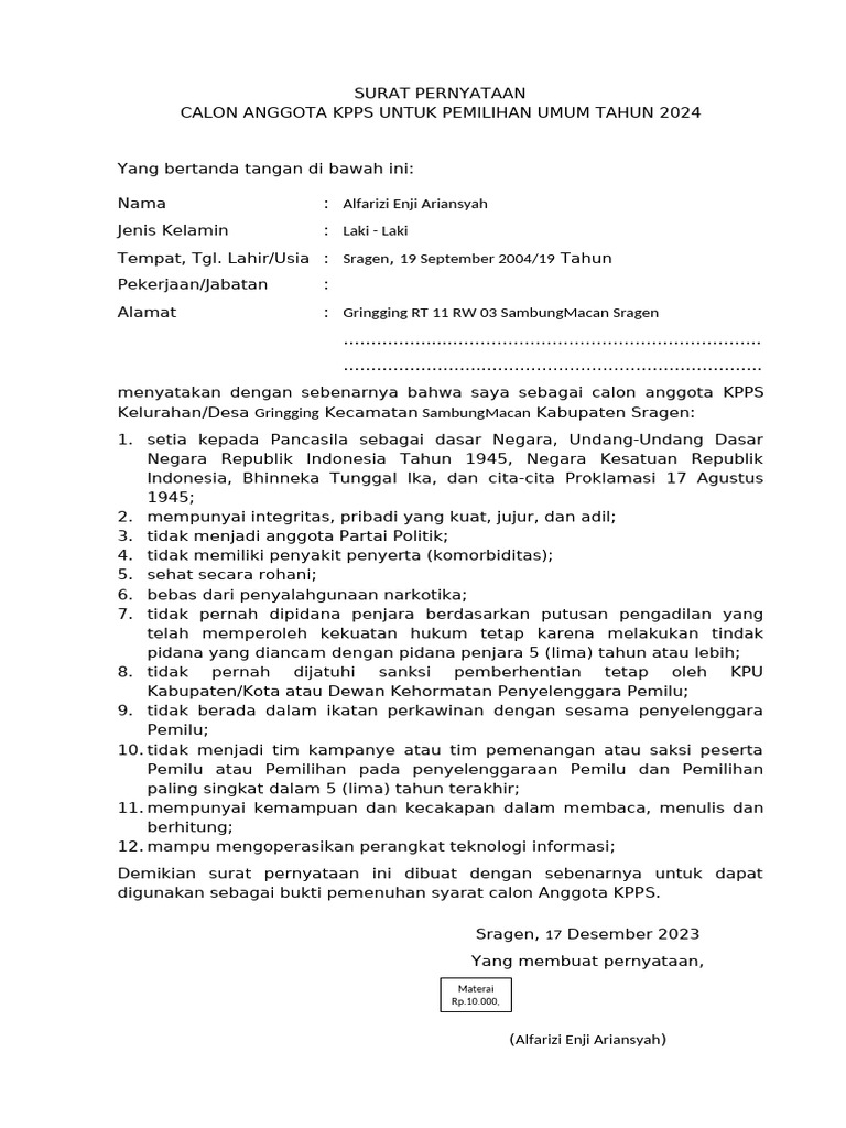 Formulir Surat Pernyataan - KPPS | PDF