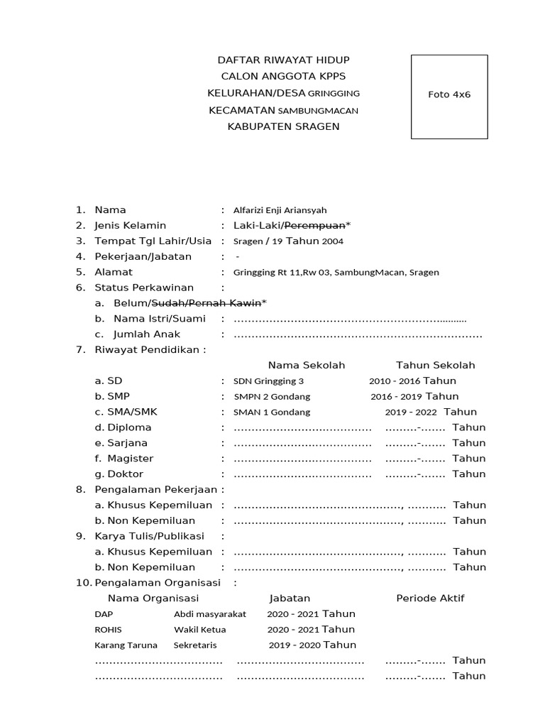 Formulir Daftar Riwayat Hidup - KPPS | PDF