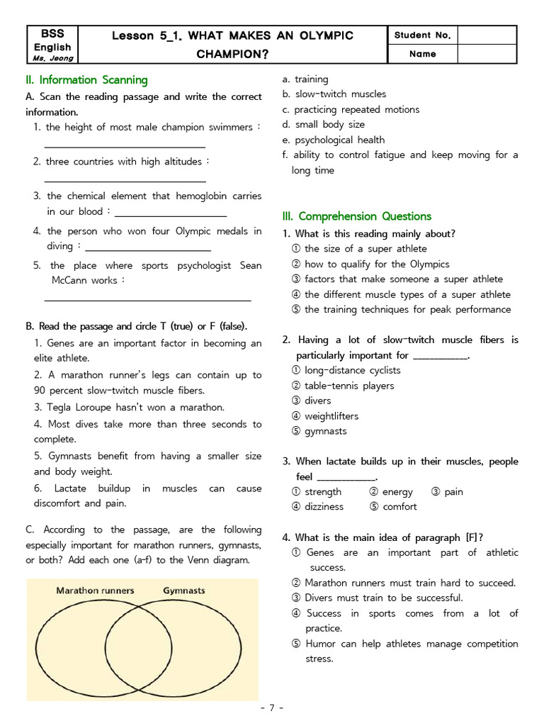Lesson5 - 1 WHAT MAKES AN OLYMPIC CHAMPION (p7-8) - 관련문제 및 영영풀이 | PDF