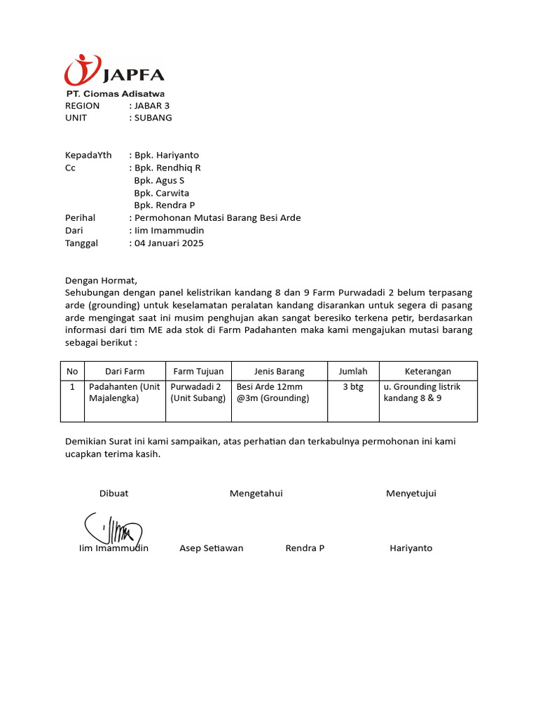 Surat Mutasi Barang Arde Padahanten Ke PWD2 | PDF