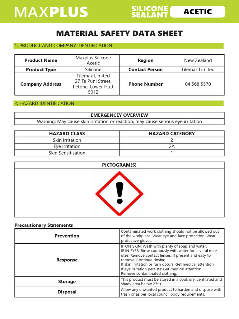 Maxplus Acetic Silicone Sealant SDS | PDF | Formaldehyde | Hazardous Waste